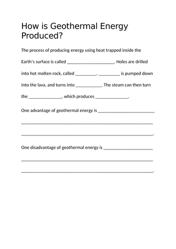 Geothermal Energy Fill in the Blanks | Teaching Resources