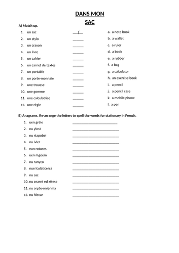 French School bag stationary items (dans mon sac) worksheet | Teaching ...