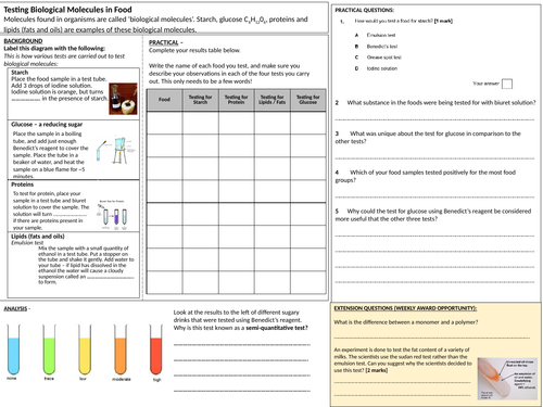 AQA B2 Required Practical - Food Tests Lesson and Revision Sheet ...