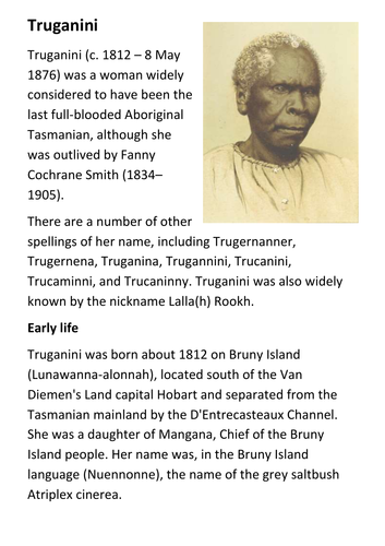 Truganini Handout | Teaching Resources