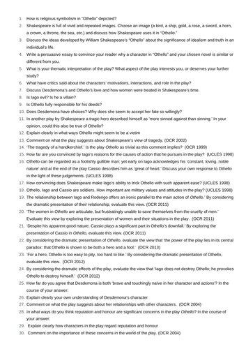 A Level Literature Othello mixed exam board exam questions | Teaching ...
