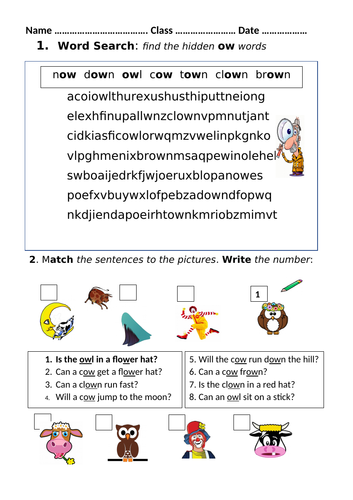 ow digraph worksheet Mrs Pryce's Funny Phonics | Teaching Resources