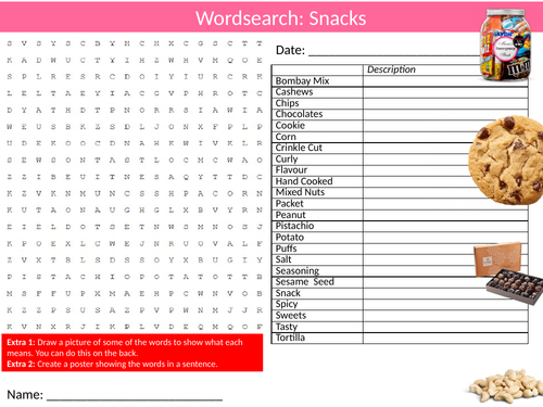 Snacks Wordsearch Sheet Starter Activity Keywords Cover Homework Food ...