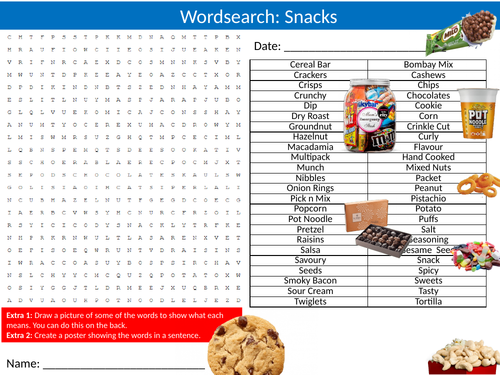 Snacks #3 Wordsearch Sheet Starter Activity Keywords Cover Homework ...