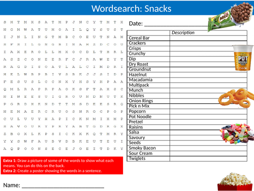 2 x Snacks Wordsearch Sheet Starter Activity Keywords Cover Homework ...
