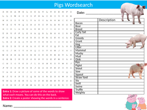 Pigs Wordsearch Sheet Starter Activity Keywords Cover Homework Animals ...