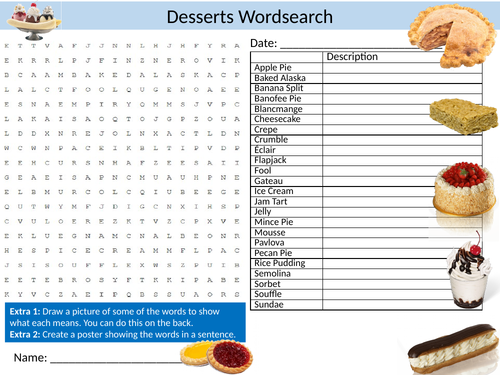 Desserts Wordsearch Sheet Starter Activity Keywords Cover Homework Food ...