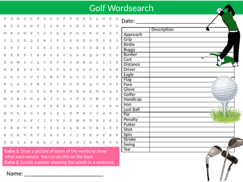 Golf #2 Wordsearch PE Sports Starter Settler Literacy Activity Homework ...