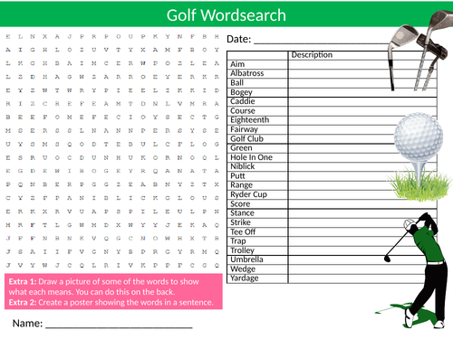 Golf #3 Wordsearch PE Sports Starter Settler Literacy Activity Homework ...