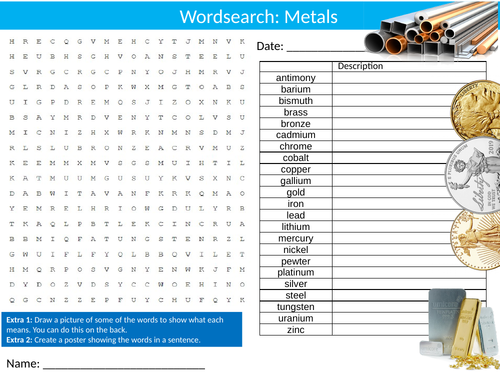 Metals #2 Wordsearch Sheet Starter Activity Keywords Cover Science ...