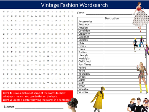 Vintage Fashion #2 Wordsearch Sheet Starter Activity Keywords Cover ...
