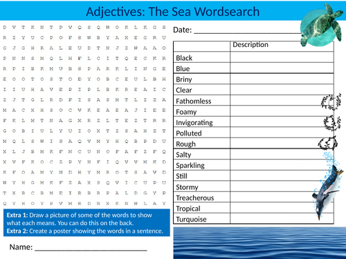 The Sea Adjectives Wordsearch Starter Settler Activity Homework Cover ...