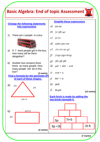 Basic Algebra: End of topic assessment | Teaching Resources
