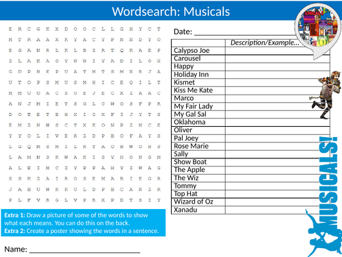 Musicals Wordsearch Starter Settler Activity Homework Cover Lesson ...