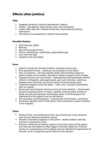 Effects (Alan Jenkins): Poem Analysis | Teaching Resources