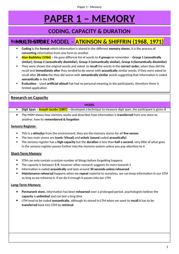 Aqa A Level Psychology Memory Revision Guide Teaching Resources 