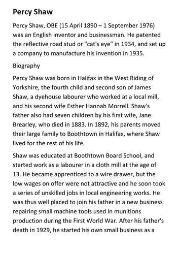 Percy Shaw Handout | Teaching Resources