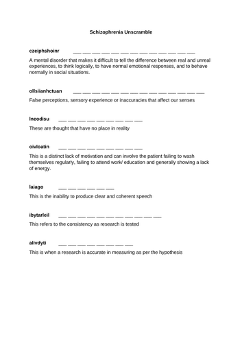 Schizophrenia unscramble worksheet | Teaching Resources