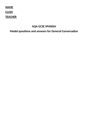 AQA GCSE Spanish Foundation Q+As Oral Exam | Teaching Resources