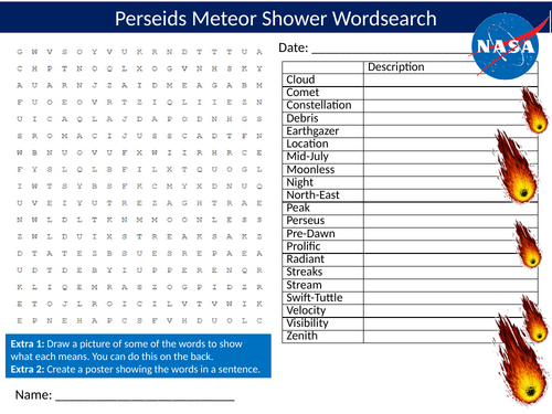 Perseids Meteor Shower Wordsearch Sheet Starter Activity Cover Science ...