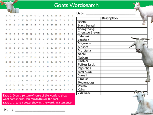 2 x Goats Wordsearch Animals Nature Farm Literacy Starter Activity ...