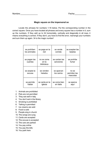 Spanish impersonal se magic square fun no prep worksheet | Teaching ...