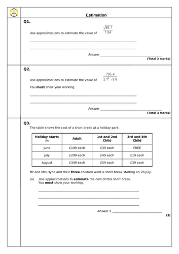 Estimation GCSE Foundation pico-Assessment | Teaching Resources