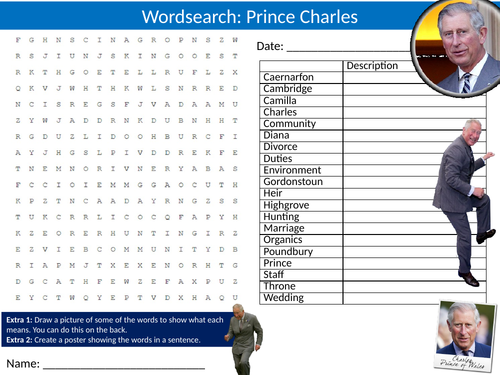 2 x Prince Charles Wordsearch Sheet Starter Activity Keywords Cover ...