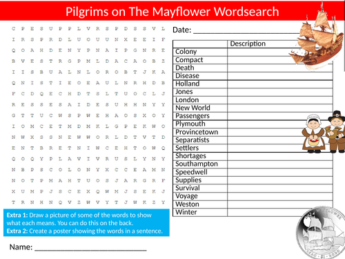 Mayflower Pilgrims Wordsearch Sheet Starter Activity Keywords US USA ...