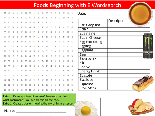 Foods Beginning with E Wordsearch Starter Keywords Cover Food ...