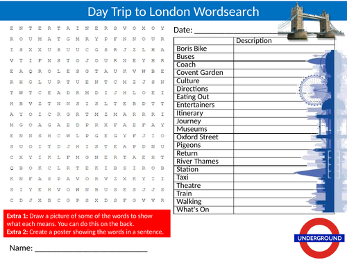 London Day Trip Wordsearch City Geography Starter Activity Homework ...