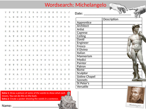 Michelangelo Famous Artist Wordsearch Literacy Starter Activity ...