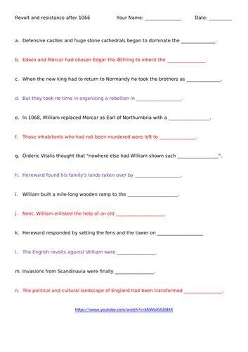 BBC Revolt and Resistance After 1066 video worksheet | Teaching Resources