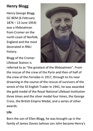 Henry Blogg RNLI Handout | Teaching Resources