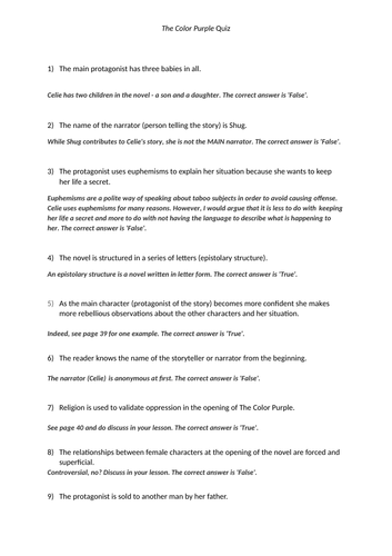 The Color Purple Quiz | Teaching Resources