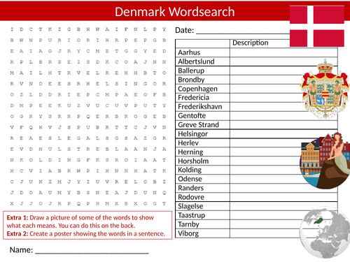 Denmark Country Wordsearch Sheet Geography Starter Activity Keywords ...