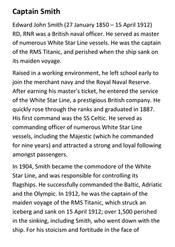 Captain Smith - RMS Titanic Handout | Teaching Resources