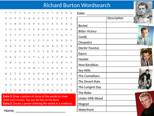 Richard Burton Wordsearch Sheet Starter Keywords Cover Drama Famous ...