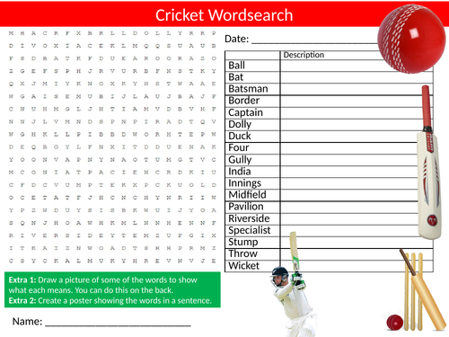 5 x Cricket Wordsearch Sheet Starter Activity Keywords Cover Homework ...