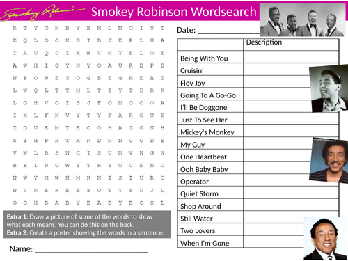 Smokey Robinson Wordsearch Starter Settler Activity Homework Cover ...