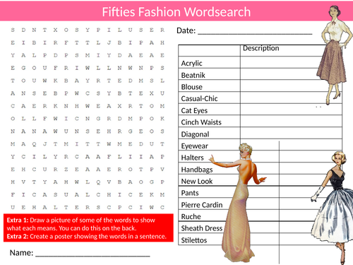 Fifties Fashion Wordsearch Sheet Starter Activity Keywords Cover ...