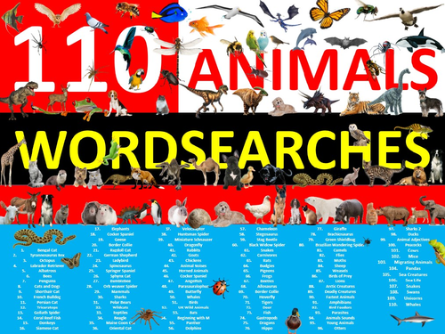 110 x Animals Wordsearch Sheet Starter Activity Keywords Cover Homework ...