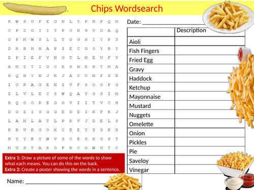 Chips Fries Wordsearch Sheet Food Technology Starter Activity Keywords ...