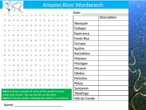 Amazon River Wordsearch City Geography Starter Activity Homework Cover ...