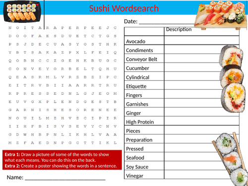 Sushi Fish Wordsearch Sheet Food Technology Starter Activity Keywords ...