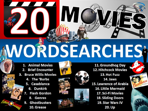 20 x Famous Movies Wordsearch Sheet Starter Activity Keywords Cover ...