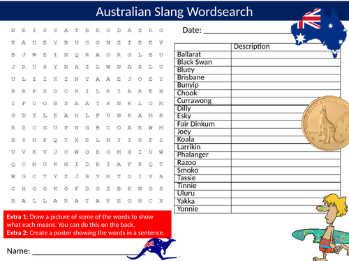 2 x Australian Slang Wordsearch Sheet Australia Starter Activity ...