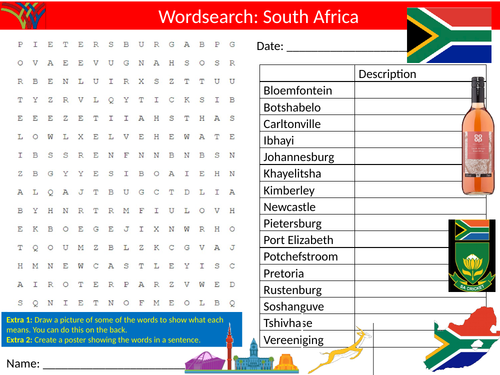 South Africa Wordsearch Country Geography Starter Activity Homework ...