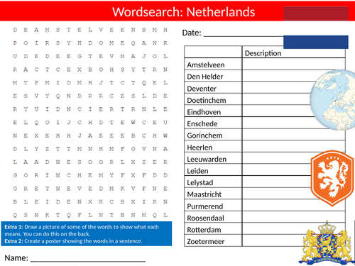 Netherlands Wordsearch Country Geography Starter Activity Homework ...