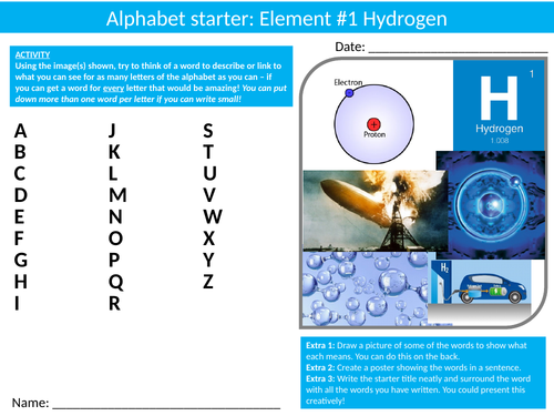 Hydrogen Alphabet Analyser Wordsearch Starter Activity Homework Cover ...